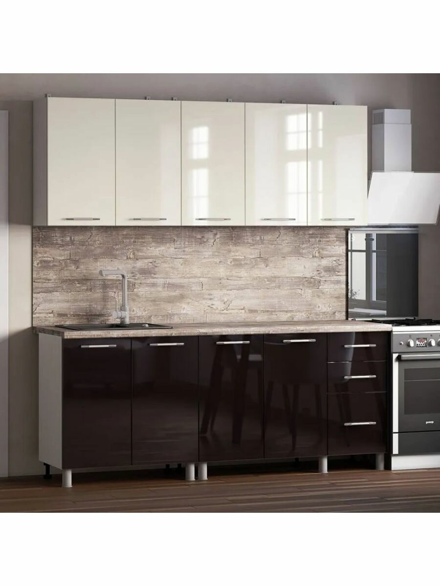 Кухонный гарнитур (кухня) без столешницы Танго 2.0м , МДФ фасад Ваниль/Горький Шоколад , корпус белый с теснением древесные поры ЛДСП 2000х2160х446 тэкс