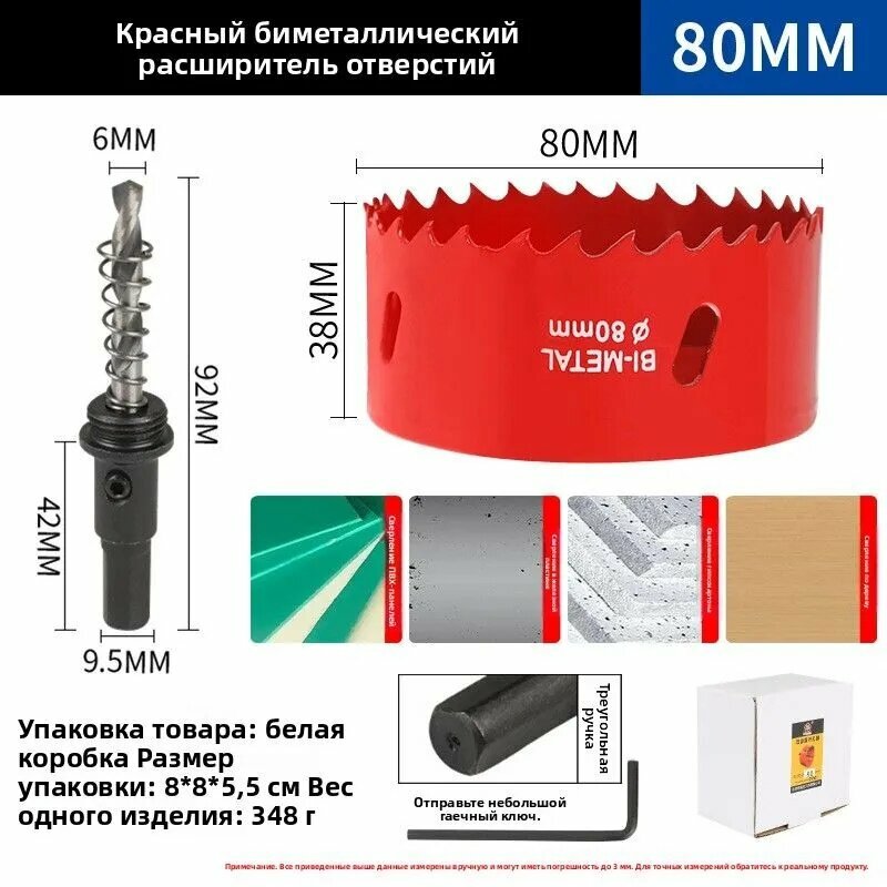 Коронка биметаллическая по металлу, дереву, пластику 80 мм, сталь М42, с хвостовиком