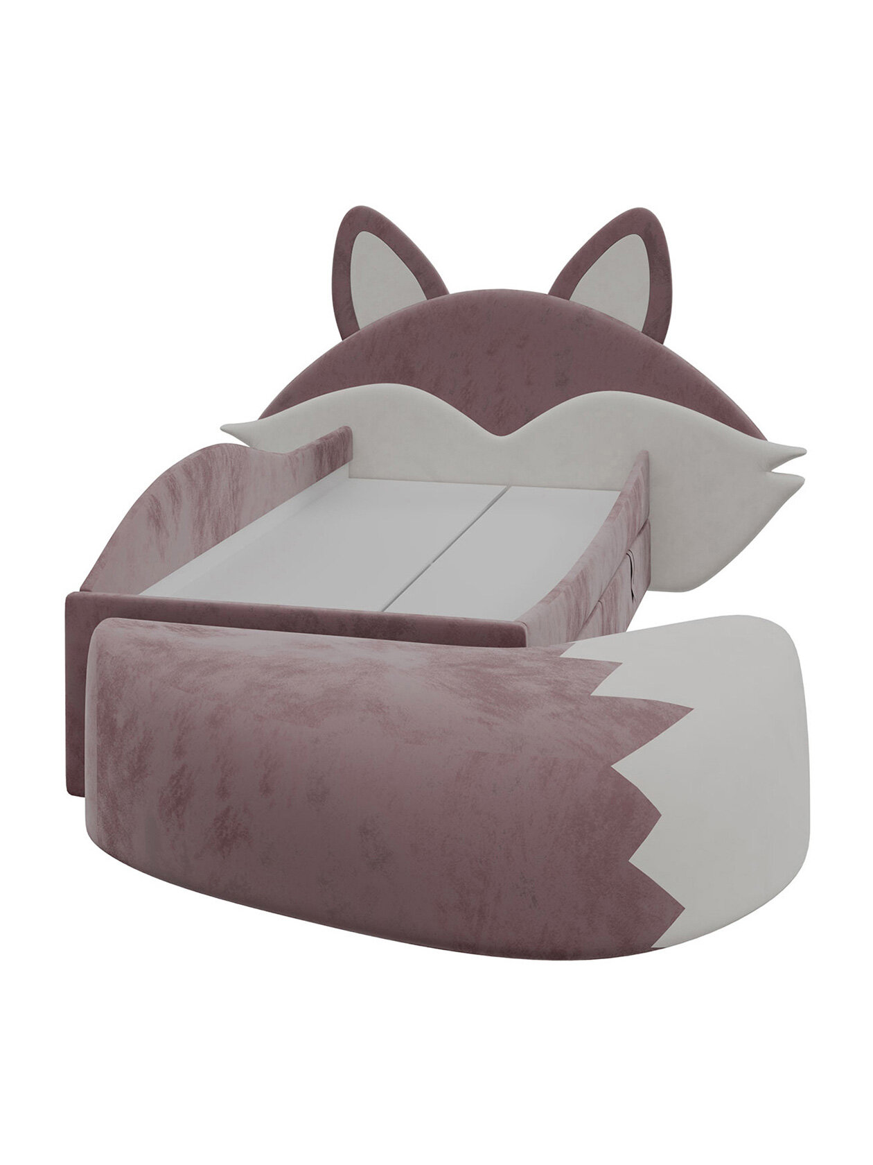 Детская односпальная кровать Фокс 90х200 см, с основанием настил, с мягким изголовьем, с ящиками, с пуфиком, Слива, велюр