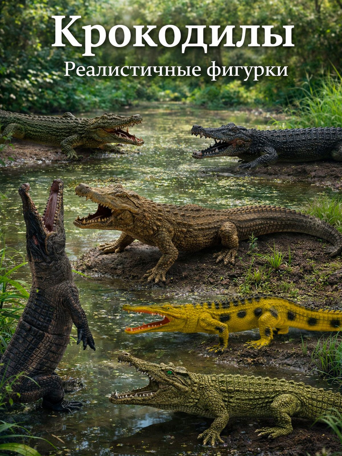 Набор больших фигурок "Виды крокодилов", 6 шт + декорации, для всех возрастов
