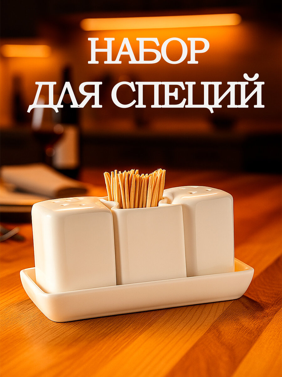 Перечница и солонка Magistro "Бланш", 60 мл, 65 мл, емкость для зубочисток, фарфор