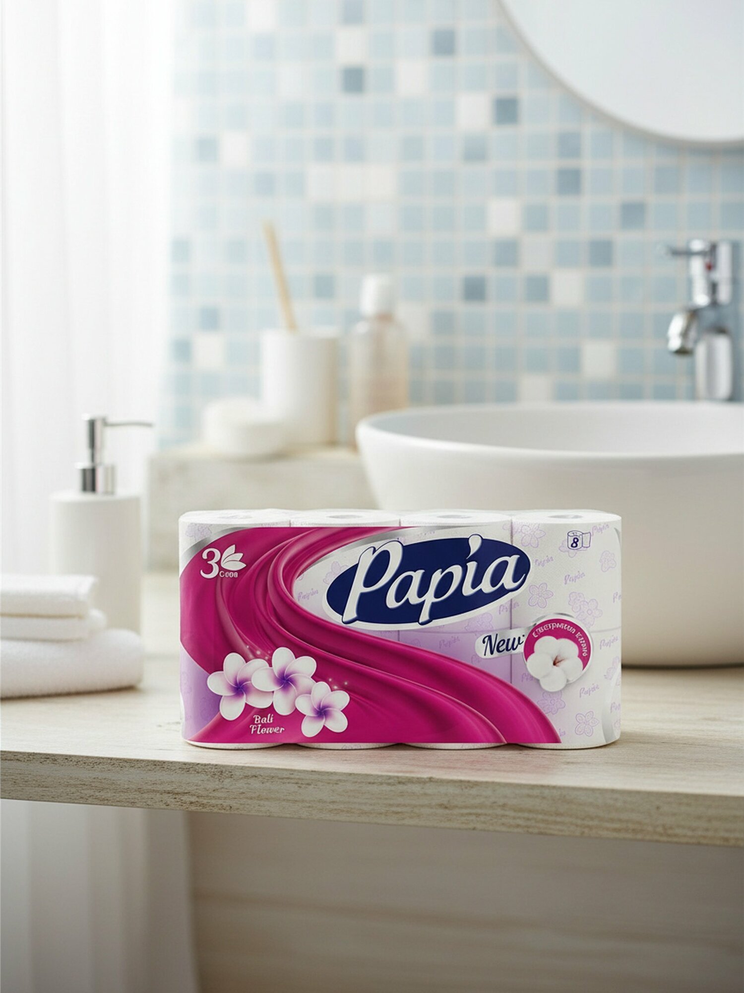 Туалетная бумага Papia Балийский цветок 3 слоя 8 рулонов по 18.8 м белая с тиснением и ароматом