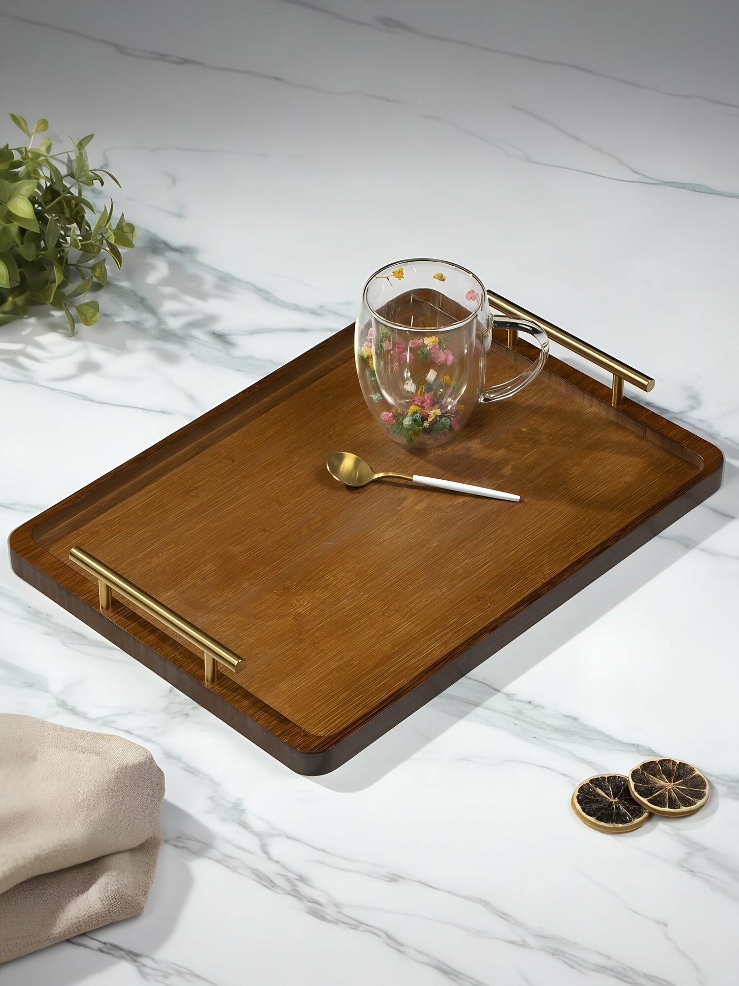 Поднос деревянный с металлическими ручками, прямоугольный, 40х30 см