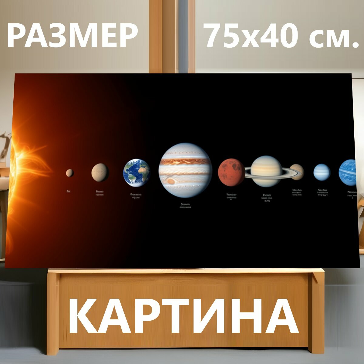 Картина на холсте "Планеты Солнечной системы в космосе. Астрономическая композиция с ярким светилом слева и рядом разноцветных небесных тел на." на подрамнике 75х40 см. для интерьера