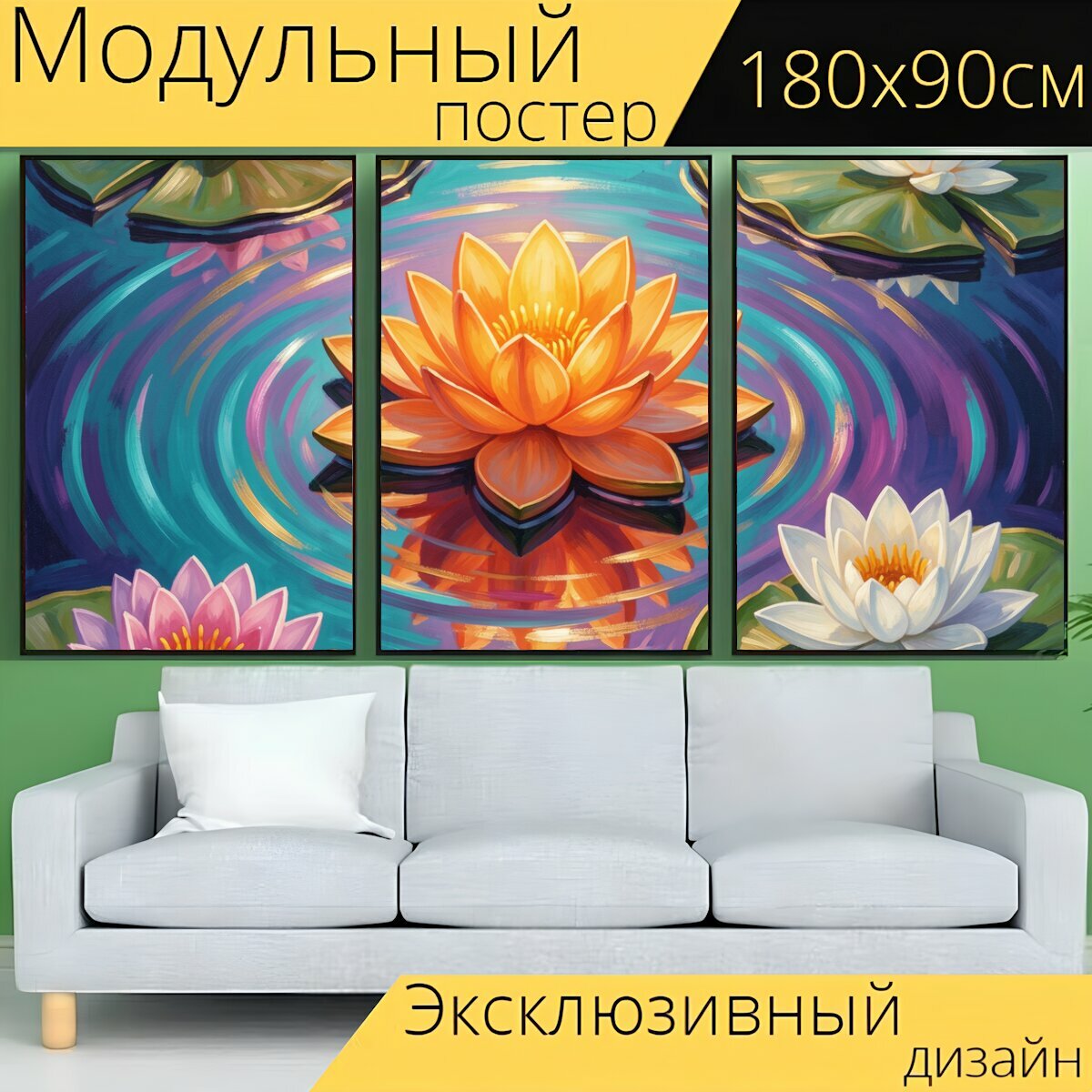Модульный постер "Кувшинки на спокойной воде. Яркая живописная сцена с цветущими водяными лилиями на темной глади пруда, переливы." 180 x 90 см. для интерьера на стену в тубусе