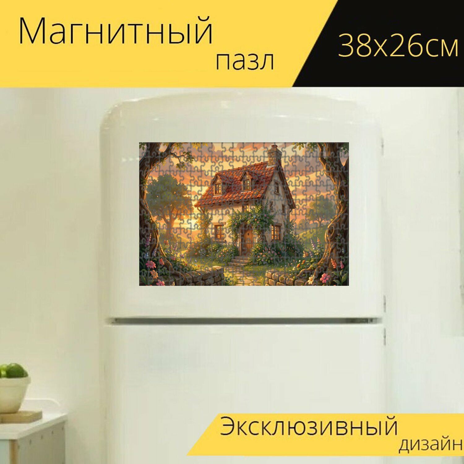 Магнитный пазл "Уютный дом в цветущем саду. Сказочный загородный домик среди пышной зелени и ярких луговых цветов, тёплый закатный свет, мягкие облака." для интерьера, 38х26 см.