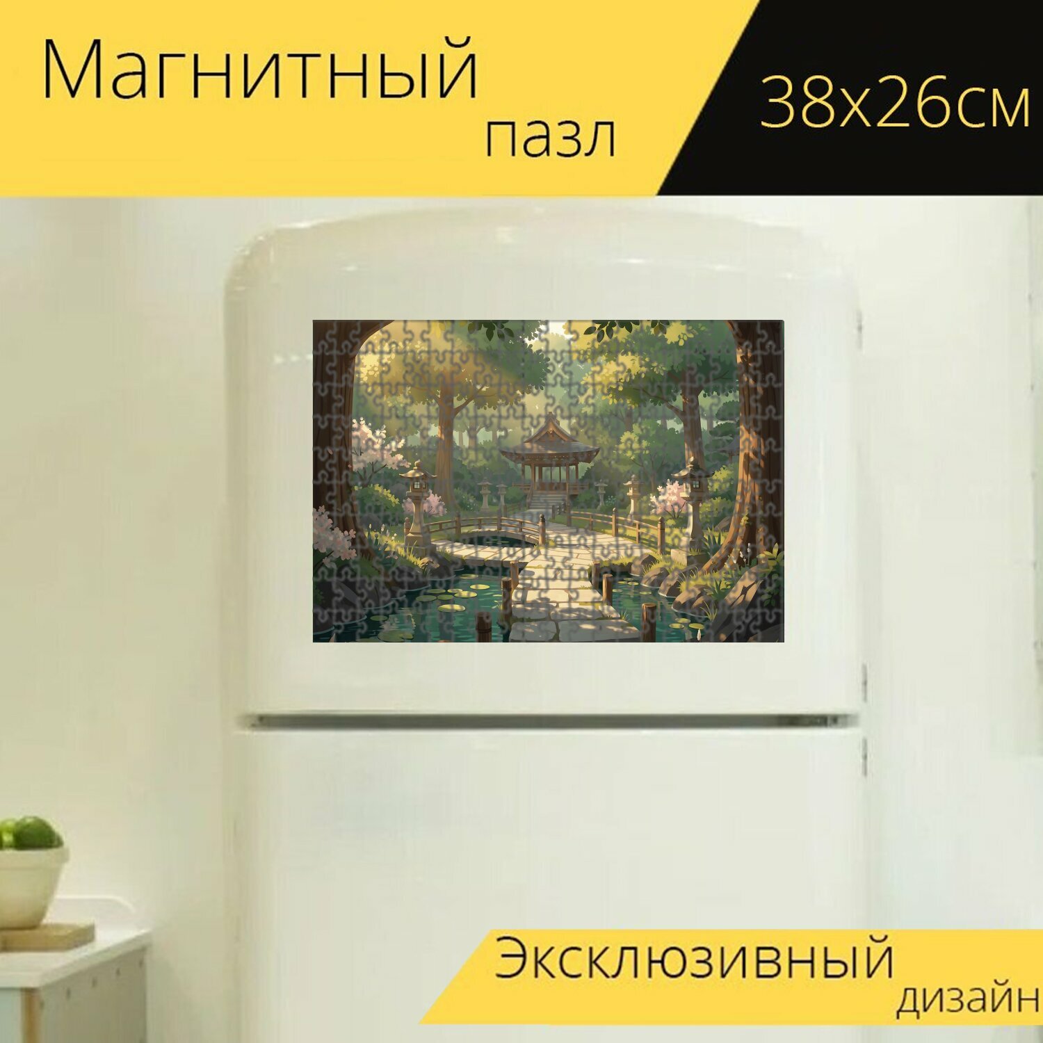 Магнитный пазл "Японский сад с мостиком. Уютный восточный дворик в стиле дзен: каменная дорожка через пруд с кувшинками, фонари, цветущие деревья и павильон." для интерьера, 38х26 см.