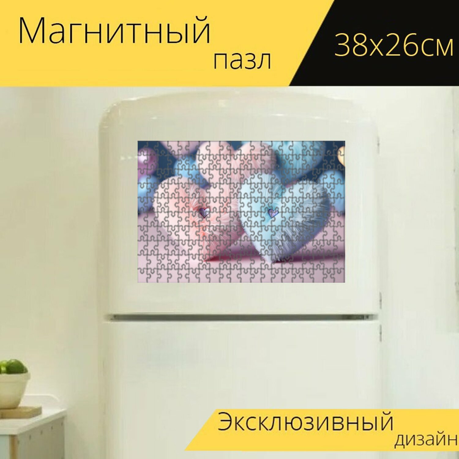 Магнитный пазл "Нежный, реалистичный, детальный, мягкий фокус, сердца из пушистого материала в пастельных тонах, сочетание бледно-розового и голубого цвета." для интерьера, 38х26 см.