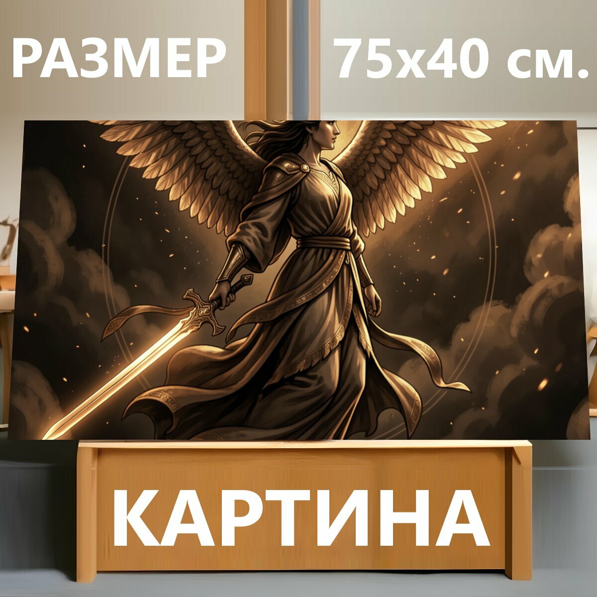 Картина на холсте "Ангел-воитель с мечом. Эпическая героическая композиция: крылатая дева в длинных одеждах с сияющим клинком, золотистое." на подрамнике 75х40 см. для интерьера