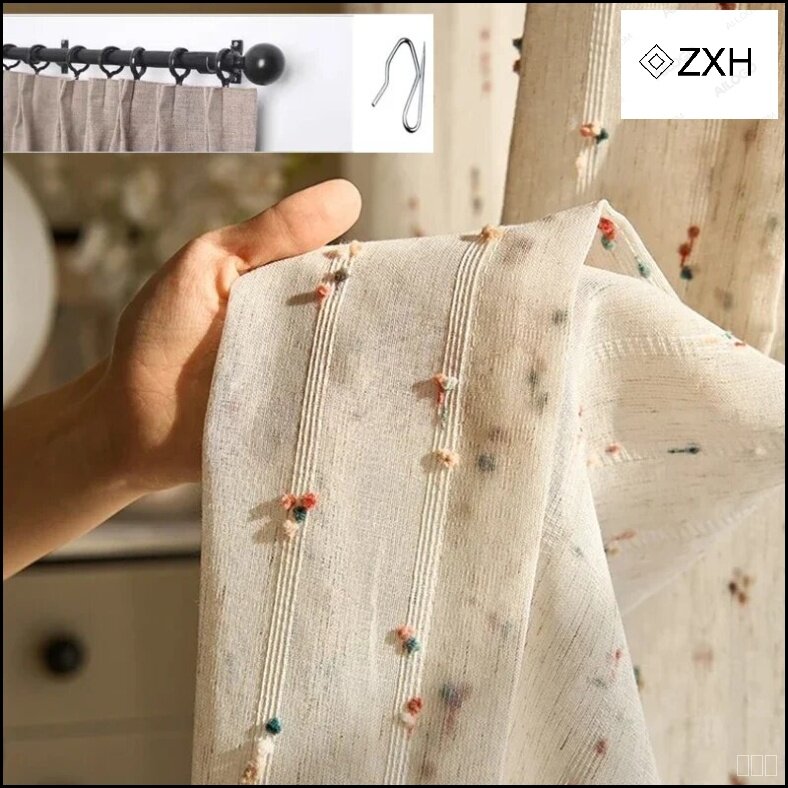 Льняные просвечивающие шторы с вышивкой, Fixed Pleat, 1PC-W300xH270cm