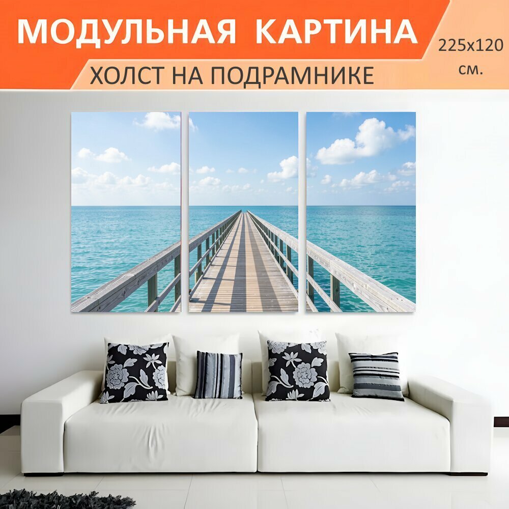Модульная картина на холсте "Причал в лазурном море. Деревянный мостик уходит в бескрайнюю бирюзовую гладь под ясным небом с." триптих на подрамнике 225х120 см. для интерьера
