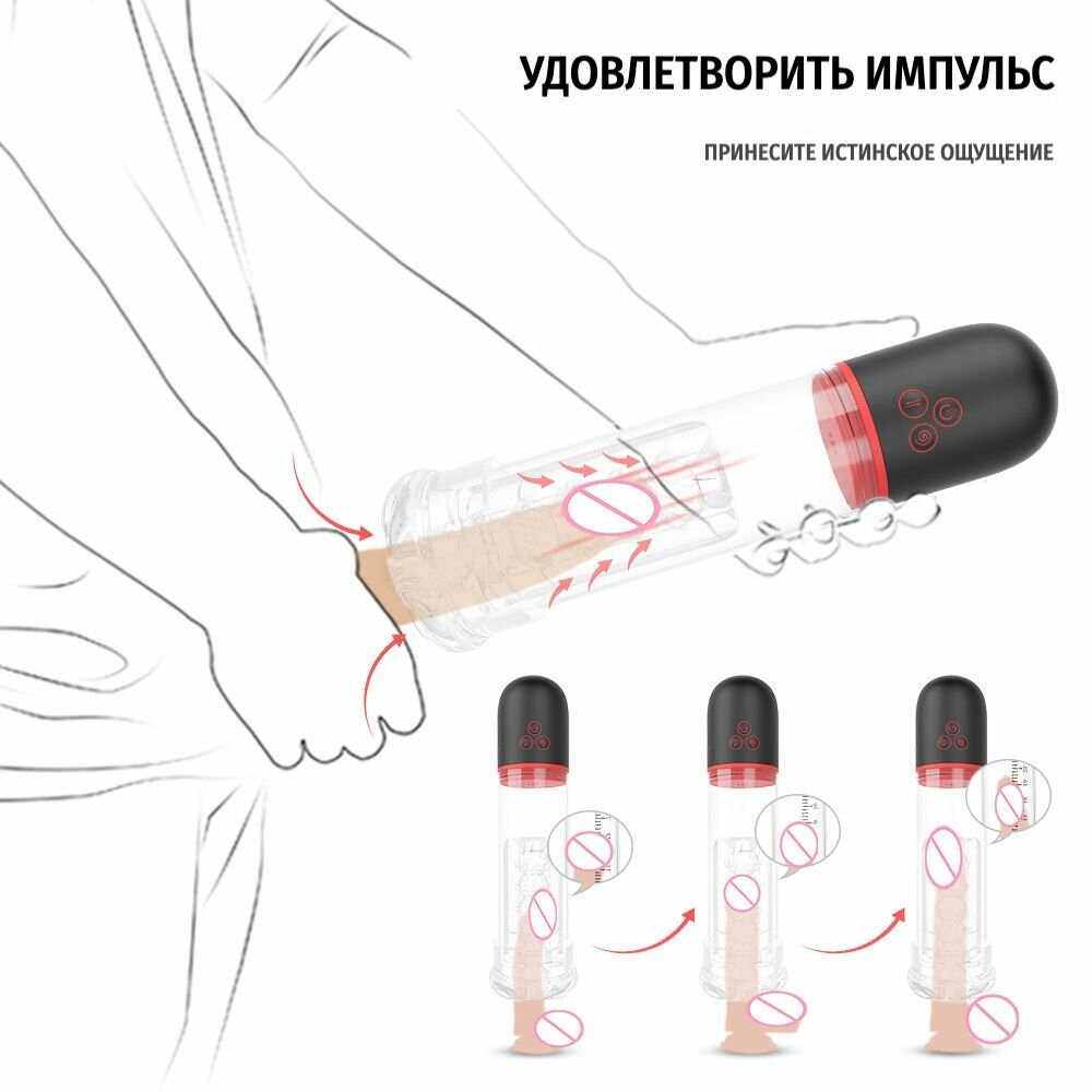 Водяная помпа для мужчин с вибрацией и вакуумом прозрачная, USB зарядка