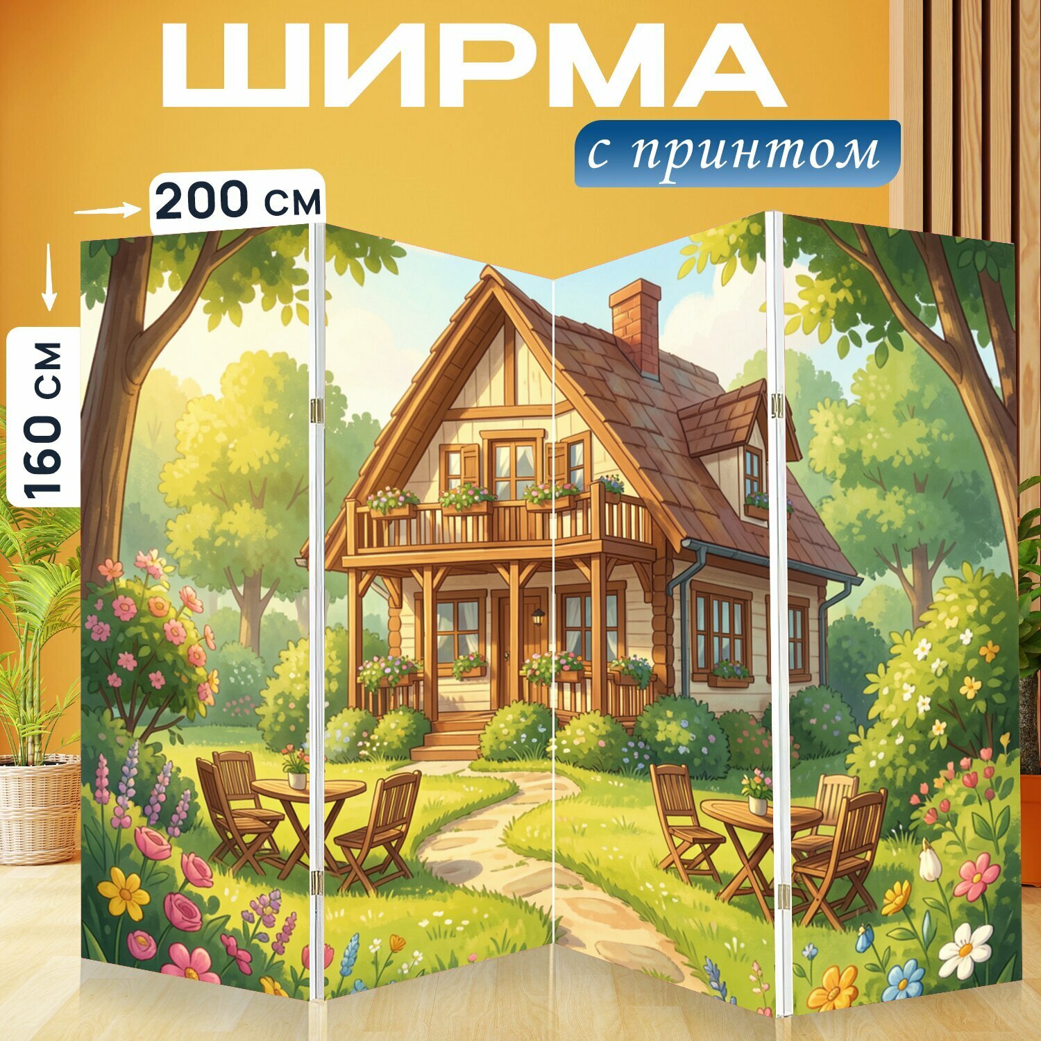 Ширма "Уютный дом в цветущем саду. Сказочный загородный коттедж среди пышной зелени и ярких цветов, солнечный." перегородка для зонирования комнаты с принтом 200x160 см. на холсте