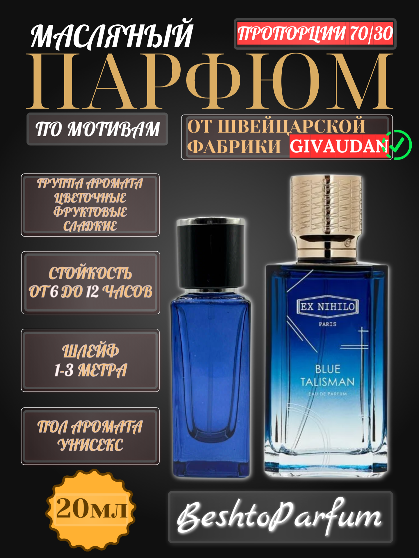 Масляные духи по мотивам Ex Nihilo Blue Talisman — стойкий свежий мускусный аромат / 20мл