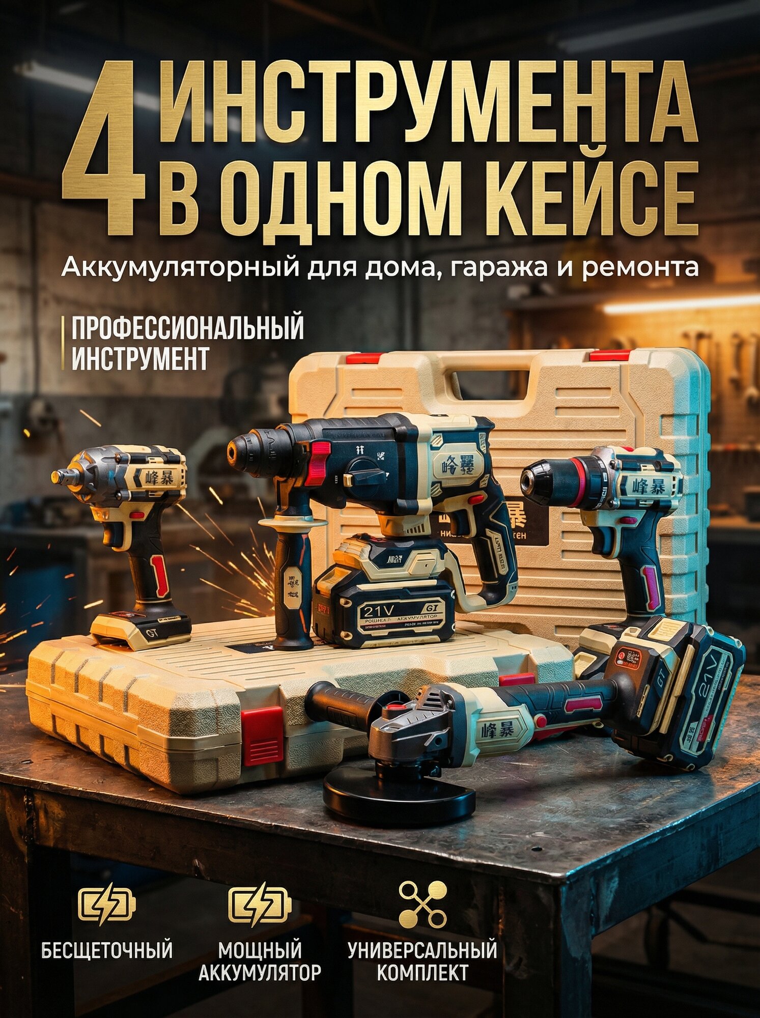 Набор инструментов Fengbao 4 в 1, 21 В, 6 А, 2 АКБ, прочный кейс