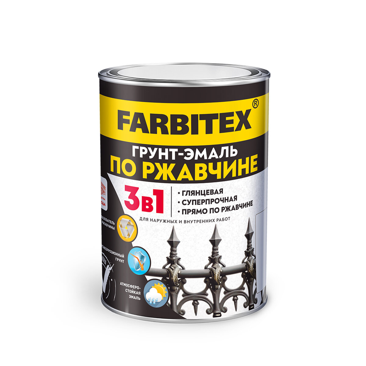 Грунт-эмаль FARBITEX 3в1, по ржавчине, графит, 1.8 кг 4300016440