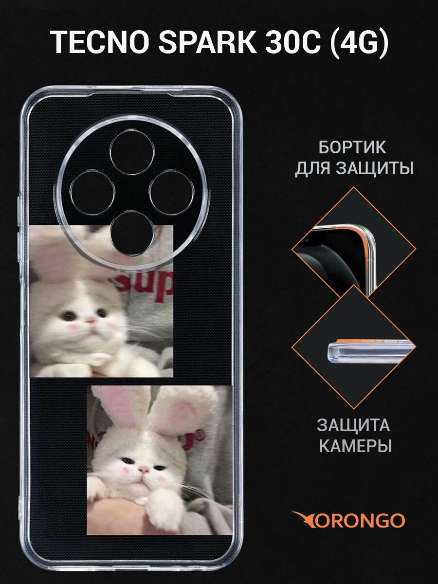 Чехол на Tecno Spark 30C 4G прозрачный с рисунком, с защитой камеры, с принтом милый котик / Текно Спарк 30С