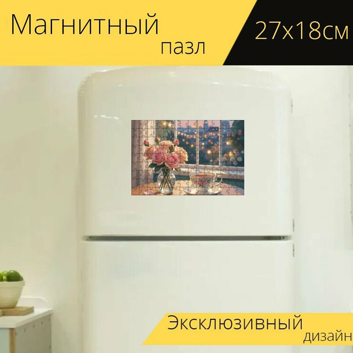 Магнитный пазл "Розы у окна с чашкой чая. Уютный натюрморт в нежных пастельных оттенках: цветочные бутоны в стеклянной вазе, фарфоровая чашка с блюдцем и." на холодильник 27 x 18 см.