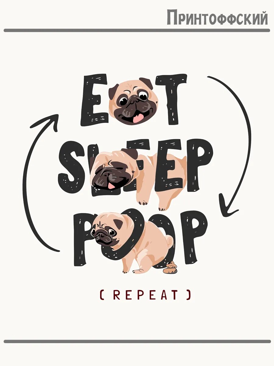 Термонаклейка для одежды и аксессуаров DTF-печать eat sleep собака мопс
