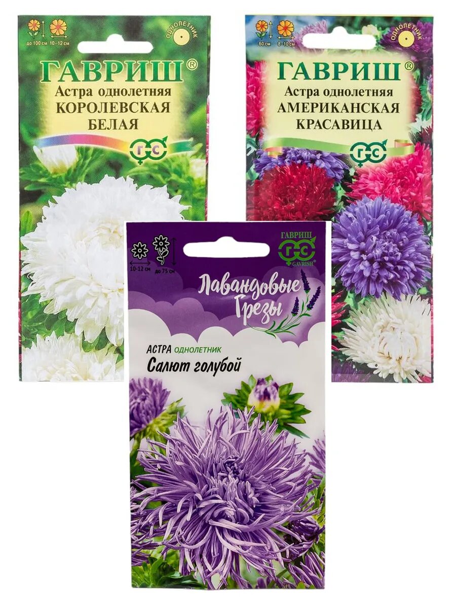 Набор семян Астра Королевская Белая, Американская и Салют голубой