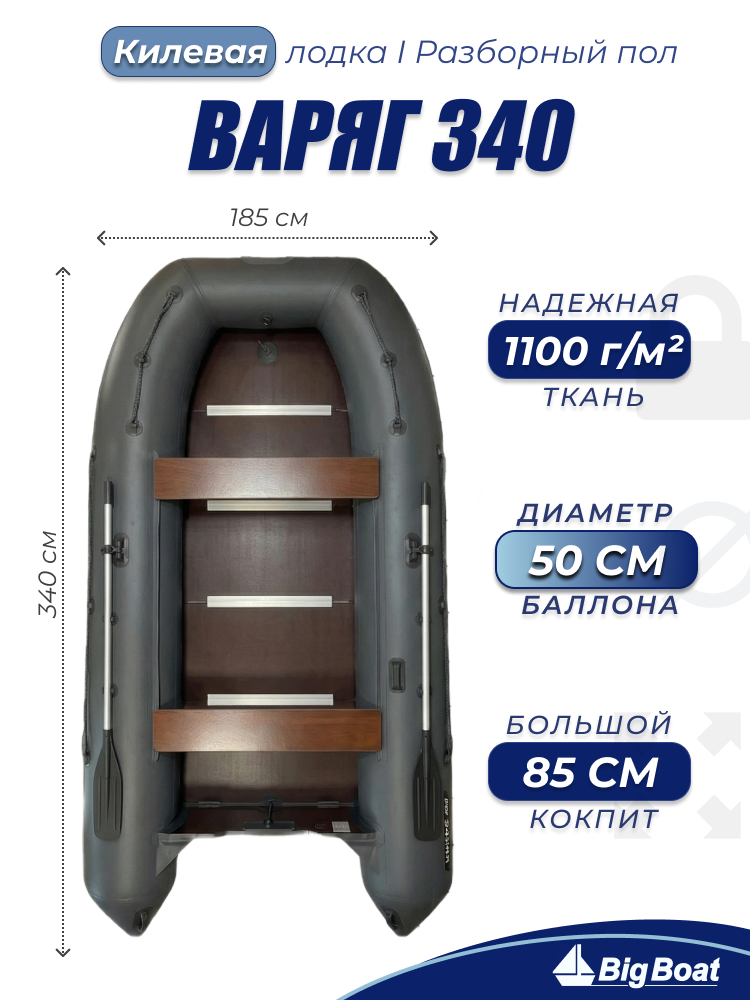 Надувная, под мотор, килевая лодка из ПВХ для рыбалки Varyag (Варяг) 340К пол-книжка