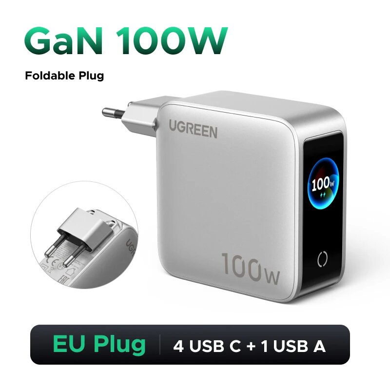 Зарядное UGREEN 100W GaN EU Plug с дисплеем
