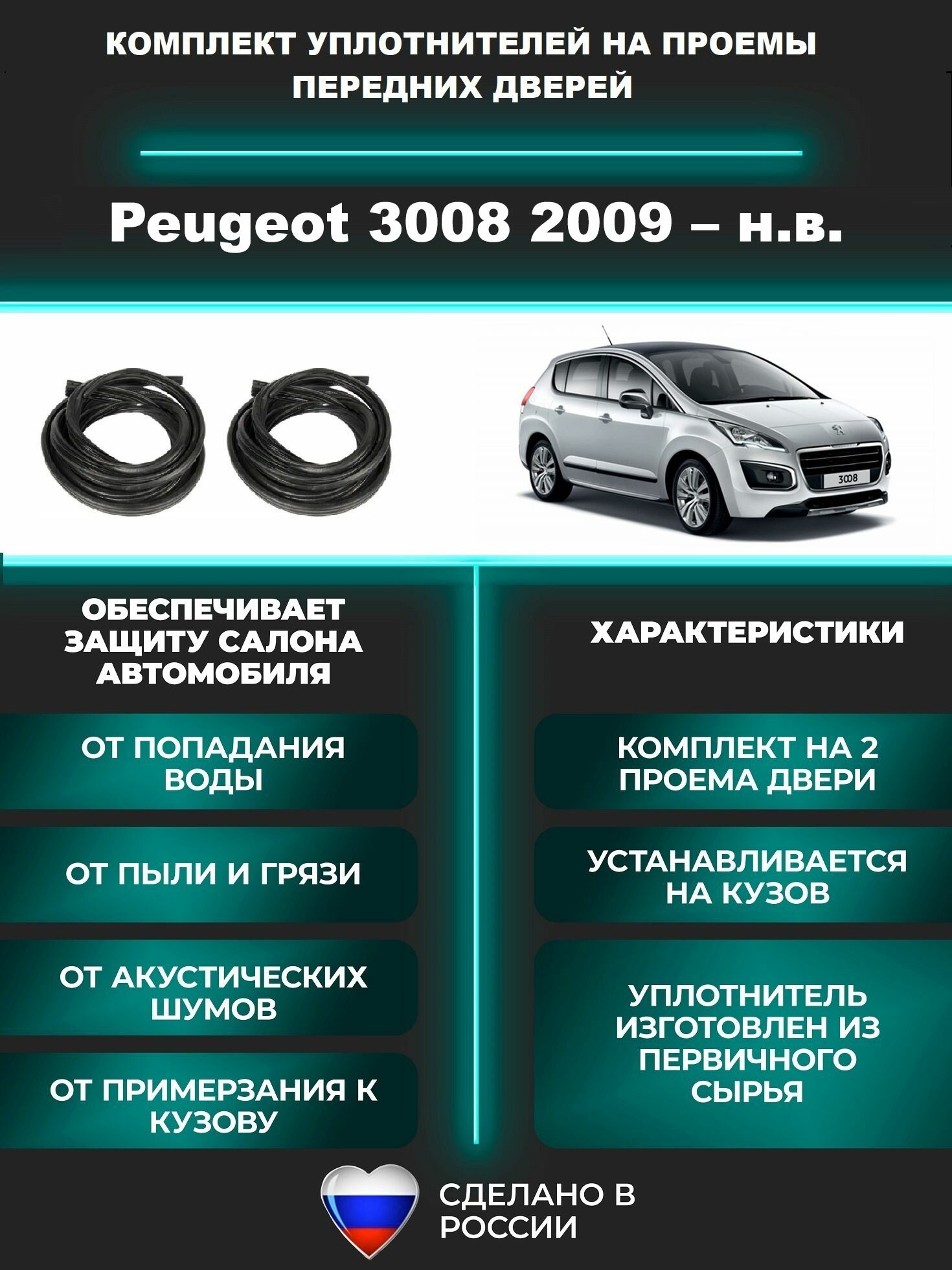 Комплект уплотнителей проема передних дверей на Peugeot 3008 2009-н. в. / уплотнитель для Пежо 3008