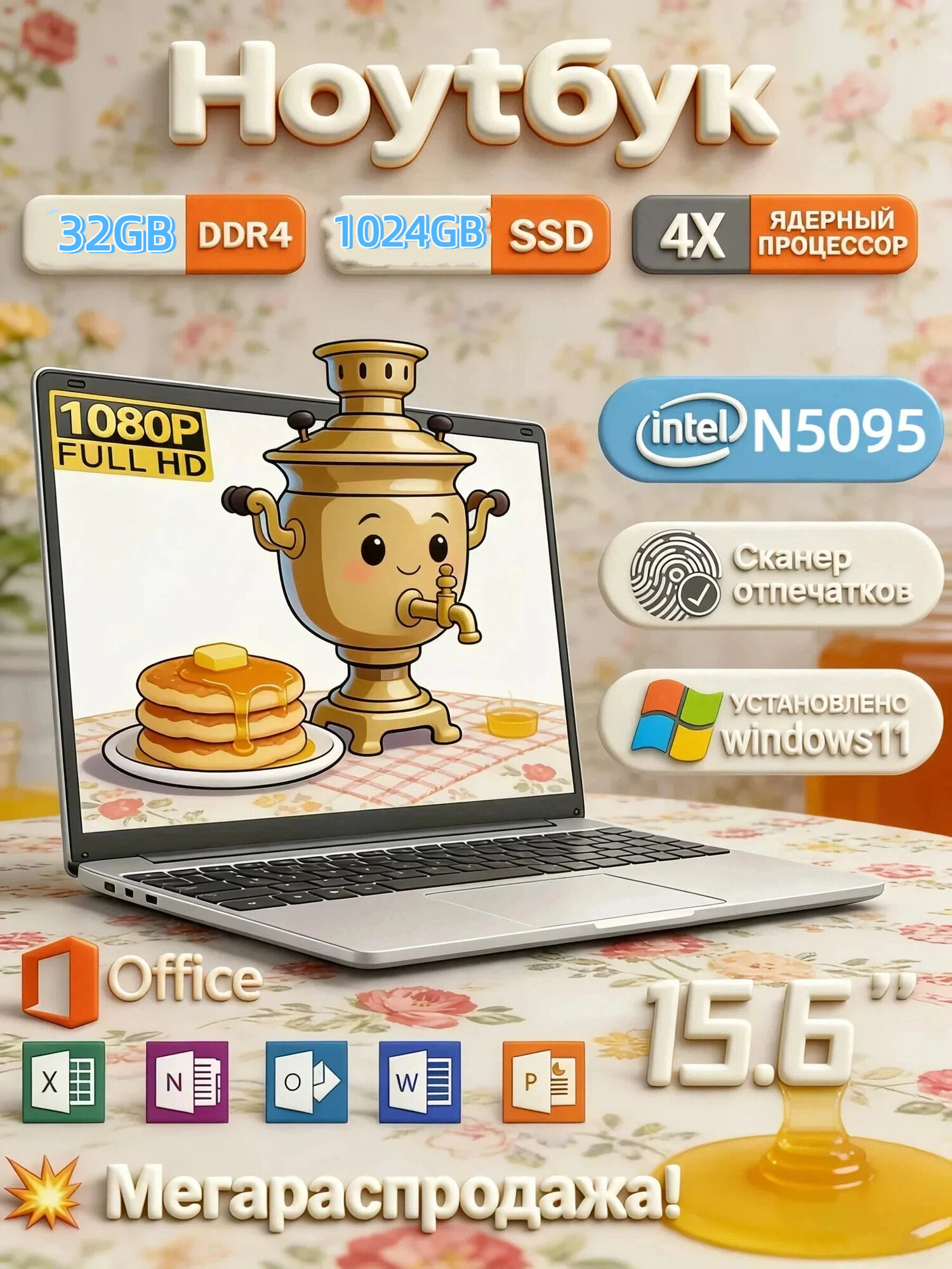 Ноутбук 15,6 дюйма, Intel N5095,32 ГБ, SSD 1024 ГБ, графические процессоры Intel UHD , Windows 11, русская клавиатура