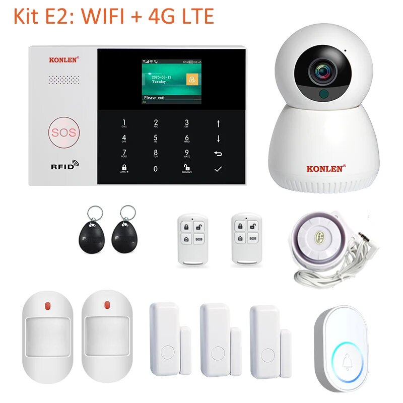 Система сигнализации для дома Tuya Smart Life Home Burglar Security Alarm System Alexa WIFI GSM 4G SMS Call App Control с камерой, наружным датчиком движения PIR, солнечным сиреной - набор E2 WIFI 4G