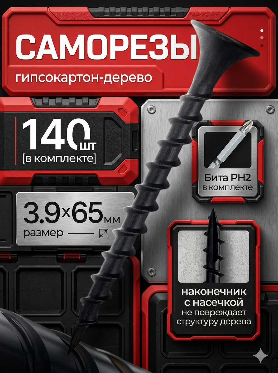 Саморезы для дерева и гипсокартона, черные, 3.9 x 65, 140 штук