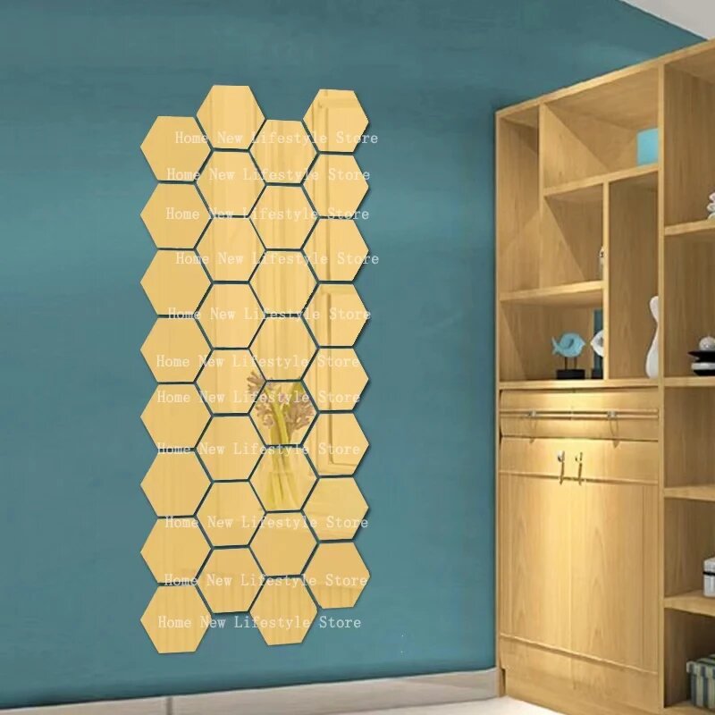 Золотые зеркальные наклейки на стену 12 шт. Hexagon 4.6x4.0x2.3 см