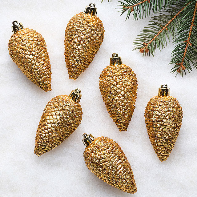 Елочная игрушка Шишка Альто - Золотая 8 см, 6 шт, пластик, Winter Deco, 028570