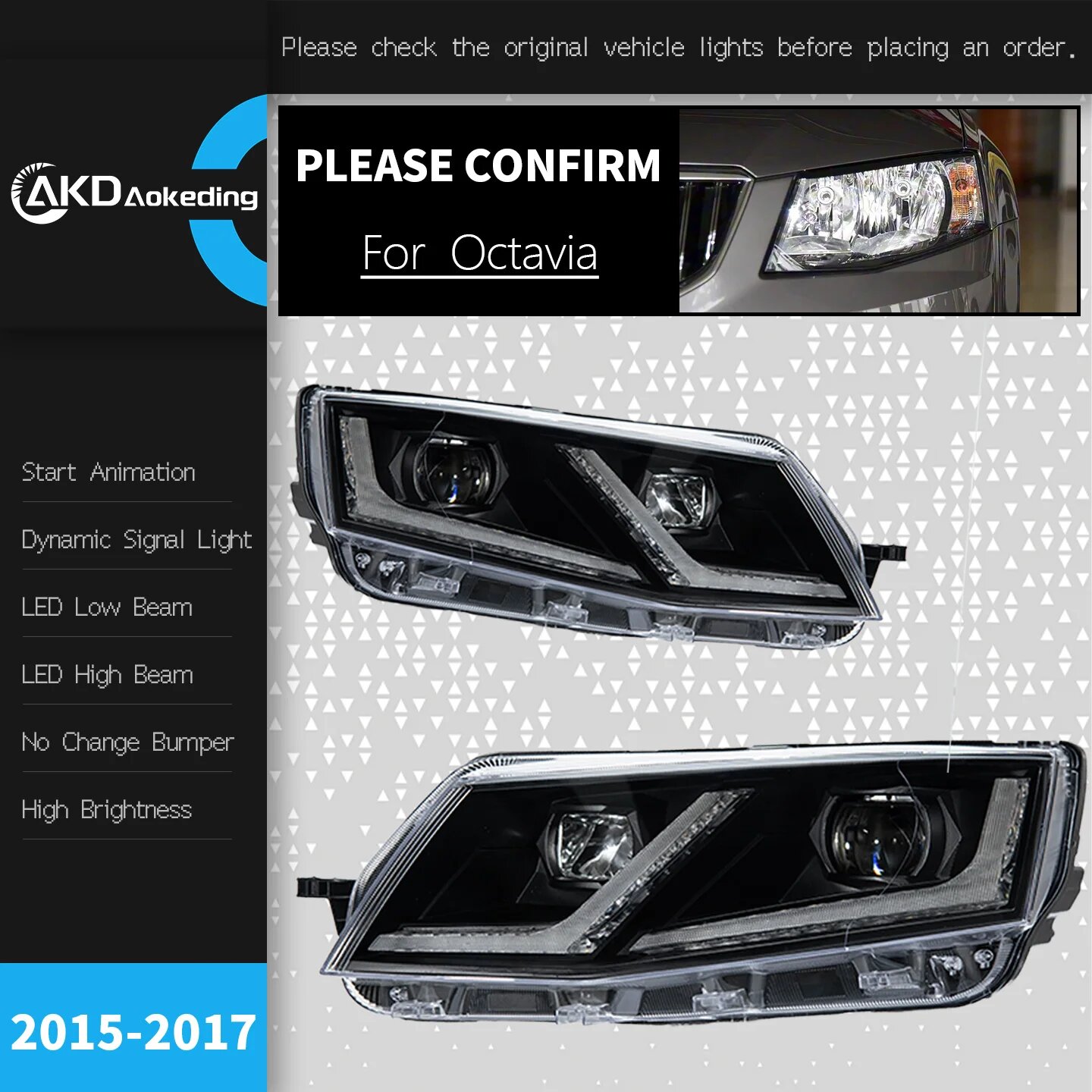Фар AKD для Skoda Octavia LED-фара 2015-2017 года выпуска Фары Octavia Дневной ходовой огонь转向灯远光灯 Ангельское око Projector Lens