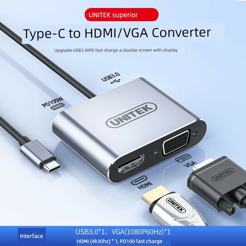 Превосходный конвертер типа C в HDMI/VGA HD с быстрой зарядкой PD, многопортовый адаптер для подключения мобильных