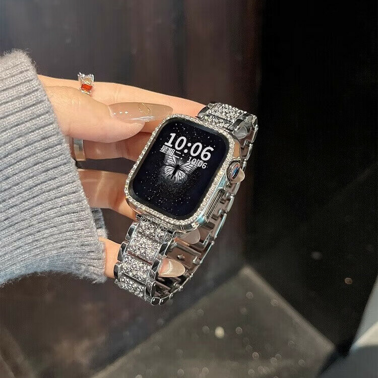 Стальной браслет с полным покрытием алмазов для Apple Watch Series 10 42 мм с серебряным чехлом для женщин Цвет：Браслет