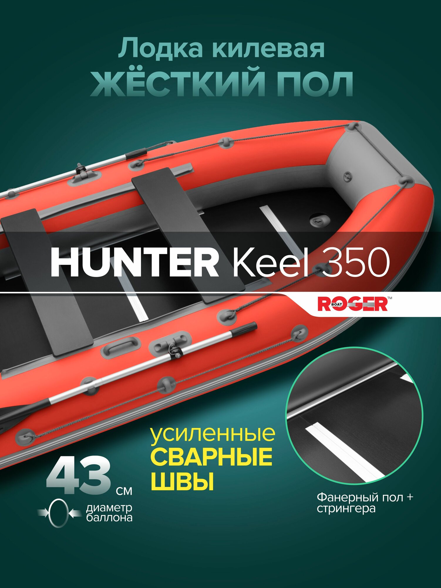 Лодка ПВХ под мотор ROGER Hunter Keel 350, надувная для рыбалки с жестким дном (красный-серый)