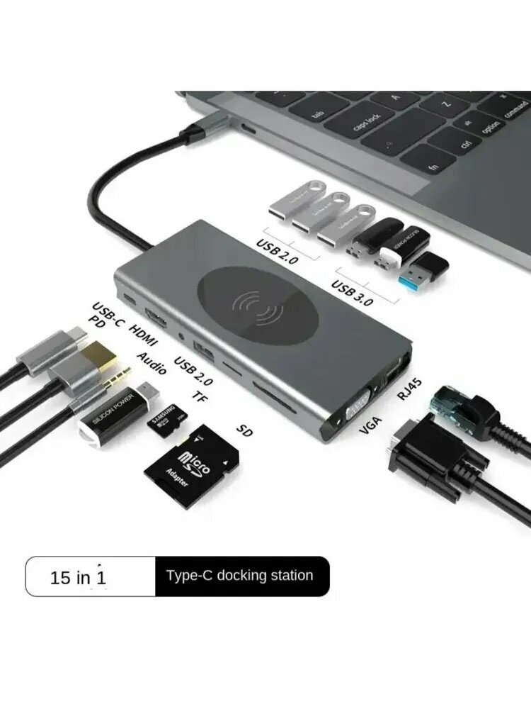 Хаб Type-C для MacBook - Концентратор 15-Port Type-C HUB Adapter Type-C to HDMI4K 30Hz*1+USB3.0+PD*1+RJ45*1+SD/TF*1, VGA, audio