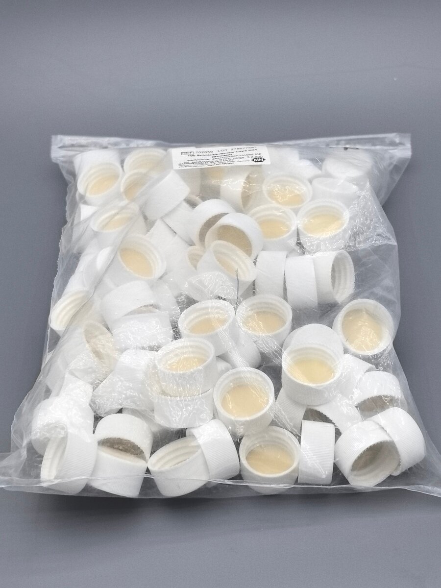 Винтовые крышки (100 шт.), N 24, PP, белые, закрытые сверху, силикон с/PTFE бежевый, 3.2 мм (702059), MACHEREY-NAGEL Inc, Германия