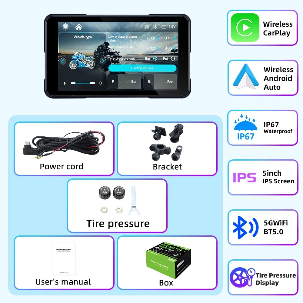 EKIY 5" GPS-экран для мотоцикла, Carplay, Android Auto, M11B с TPMS