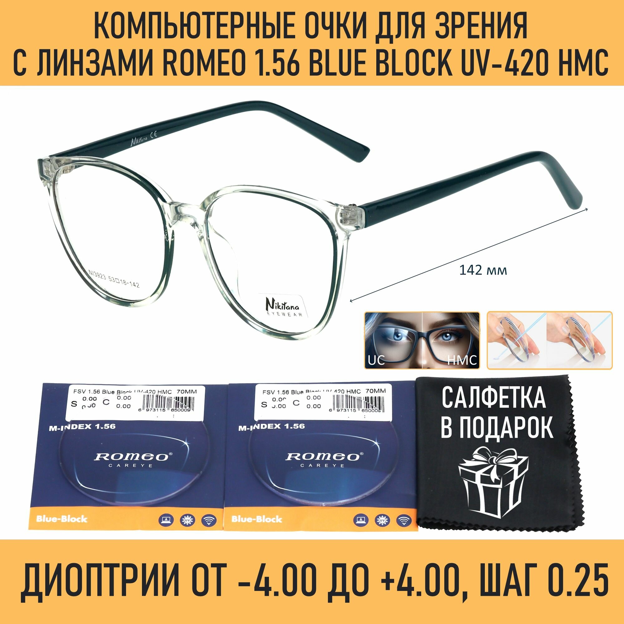 Очки корригирующие без футляра / стигматические NIKITANA мод. 3923 Цвет 2 с компьютерными линзами BLUE BLOCK -2.50 РЦ 58-60