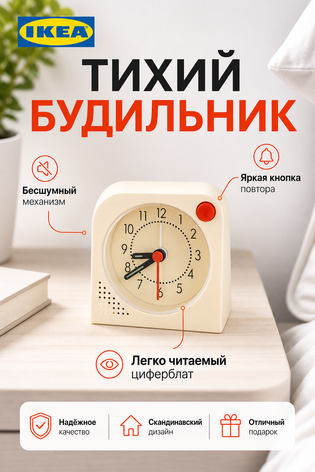 Будильник IKEA - TJINGA (тджинга), из пластика, 8 x 8 см, цвет бежевый, 1 шт