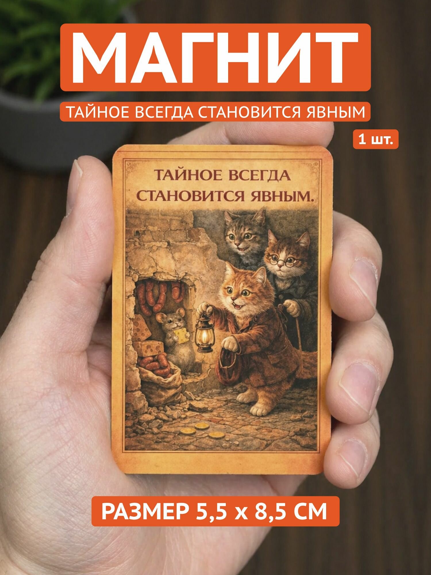 Магнит Тайное всегда становится явным. 5,5 на 8,5 см. 1 шт. Магнитик на холодильник с котиком.