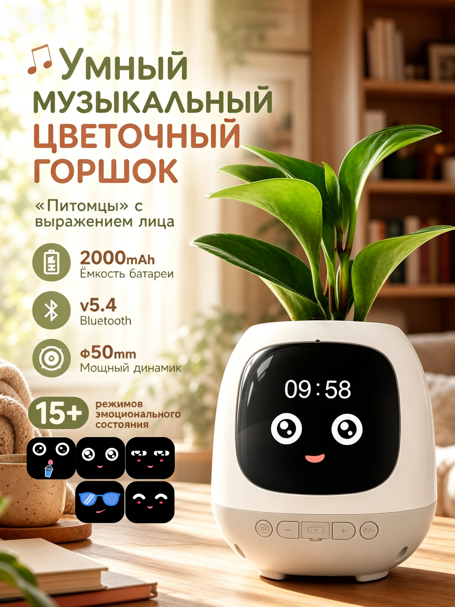 Умный музыкальный цветочный горшок с ИИ, Говорящий горшок с Bluetooth колонкой и RGB-подсветкой