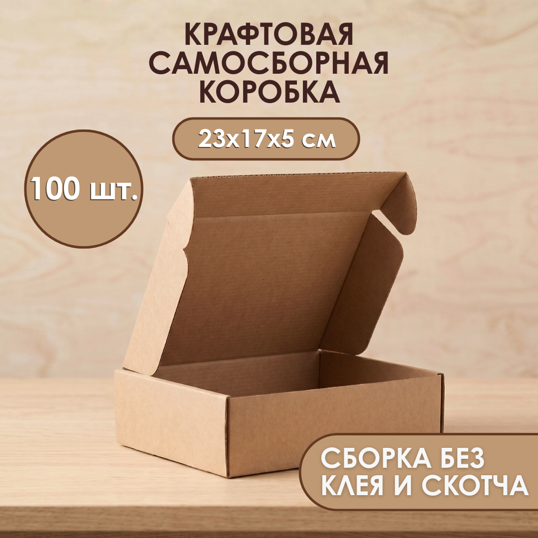 Коробка самосборная (крафт, размер 230*170*50) (комплект из 100 шт)
