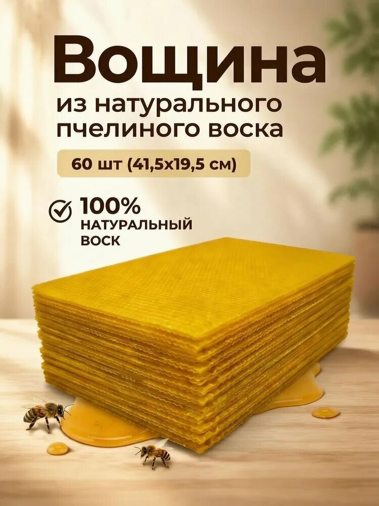 Вощина из натурального пчелиного воска, 60 шт (41,5х19,5 см)