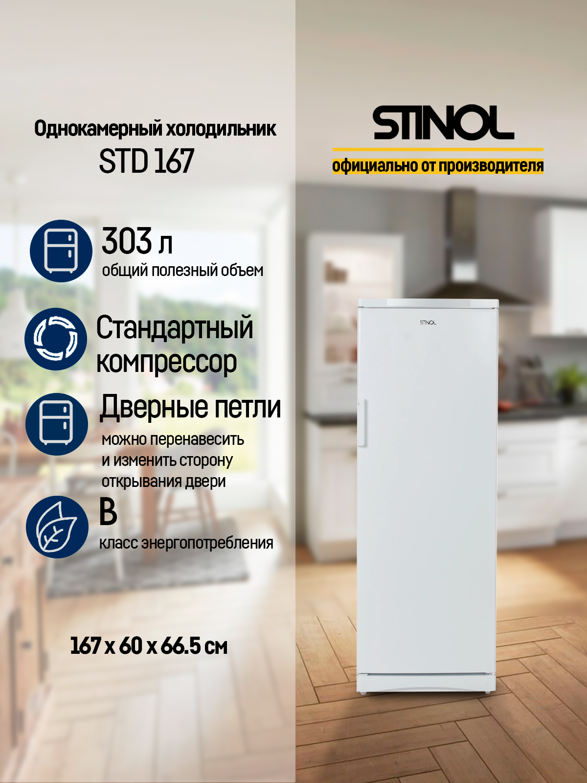 Однокамерный холодильник STINOL STD 167, белый, высота 167 см