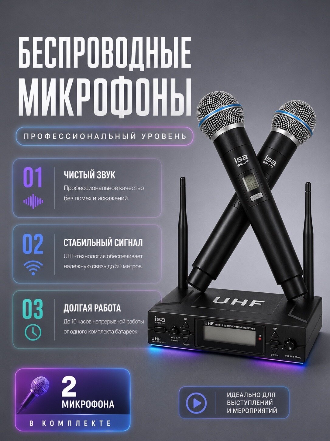 Комплект из 2 беспроводных микрофонов с приёмником, подходит для караоке и мероприятий