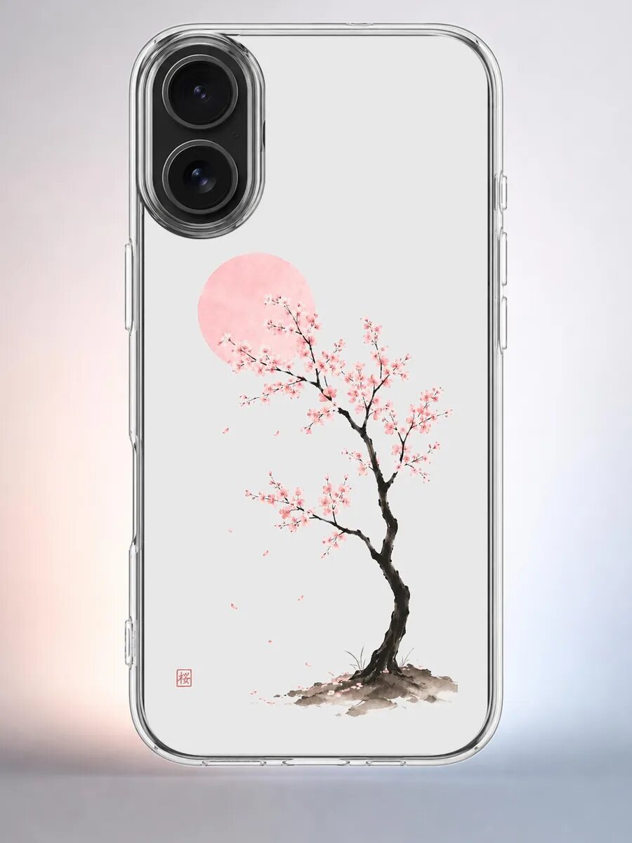 Чехол iPhone 16 сакура и луна силиконовый прозрачный