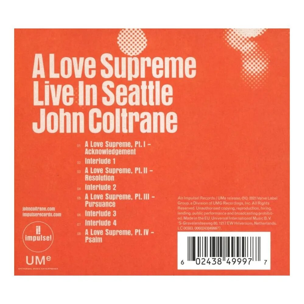 Музыкальный диск John Coltrane A Love Supreme Live in Seattle, 1 CD, Импортное — фото 1