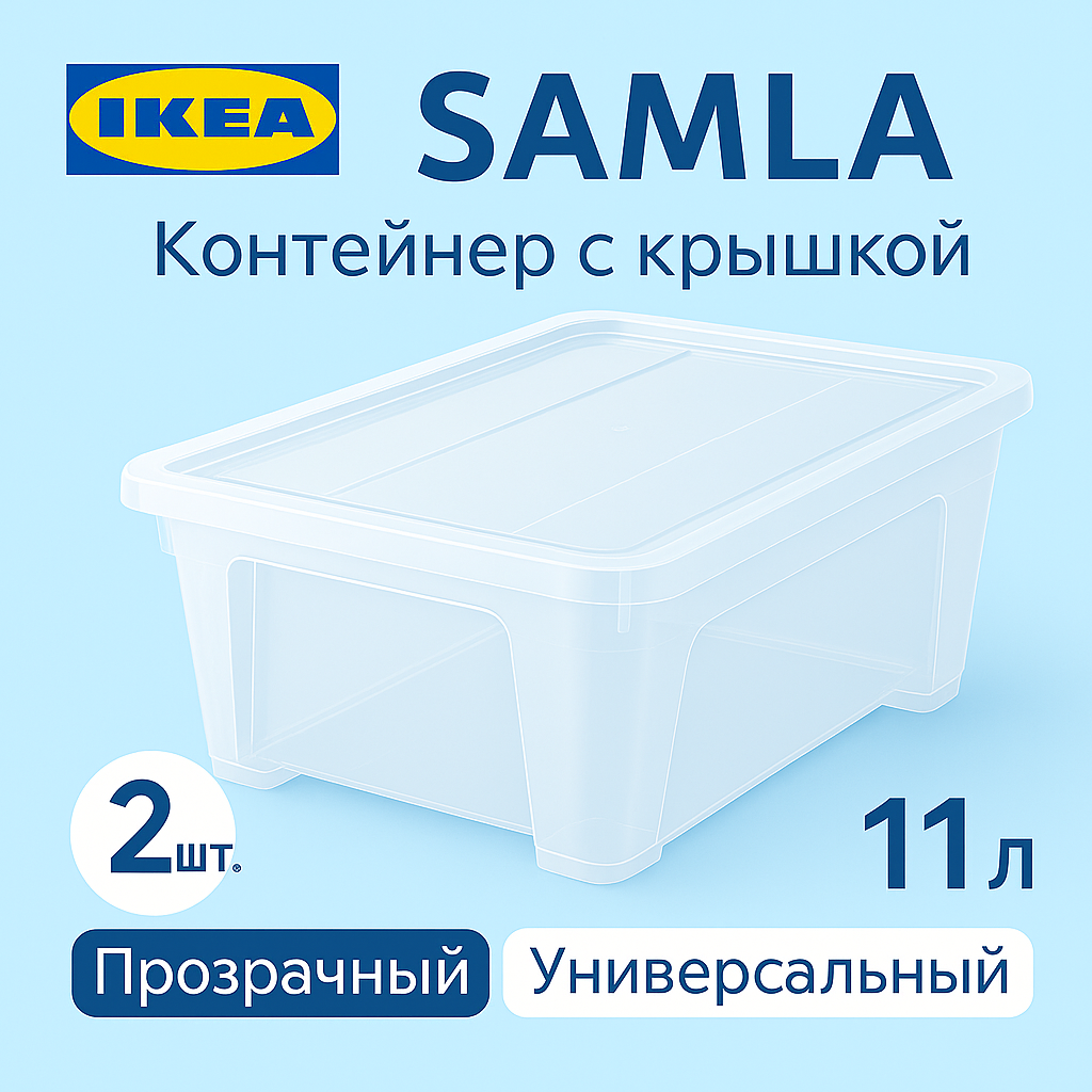 Контейнер с крышкой 11л, 39*28*14см, прозрачный. Икеа Самла, Ikea Samla 2 шт